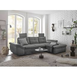Ecksofa ED EXCITING DESIGN "Alija L-Form", grau, B:275cm H:107cm T:170cm, 100% Polyester, Sofas, Ecksofa, mit Bettfunktion, Armteilverstellung & Kopfst&uuml;tzen