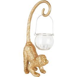Dekofigur LEONIQUE, B:10cm H:40,5cm T:16cm, gold, Glas, Polyresin (Kunststein), Wohnzimmer, Dekofiguren, "Affe mit Windlicht"