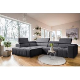 Ecksofa, B:307cm H:73cm T:201cm, grau, exxpo - SOFA FASHION, Sofas, "Elianos, hoher Sitzkomfort, aufwendige Kreuzsteppung im Sitz, L-Form", Kopfteile