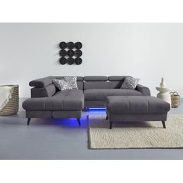 Ecksofa COTTA, B:244cm H:74cm T:193cm, grau, 100% Polyester, Wohnzimmer, Sofas, "Mia L-Form mit 3 Zierkissen", wahlweise mit Bettfunktion,