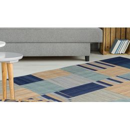 Teppich Kayoom, B:200cm H:15mm L:290cm, blau, Wolle, Wohnzimmer, Teppiche, "Radical 315", Handgewebter Jacquard Kilim, hochwertige Materialmischung.