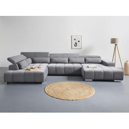 Wohnlandschaft COTTA, B:409cm H:73cm T:225cm, grau, 90% Polyester, 10% Polyamid, Sofas, "Orion U-Form", mit Kopfteilverstellung & 6 Nierenkissen