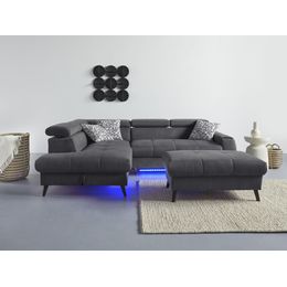 Ecksofa COTTA, B:244cm H:74cm T:193cm, grau, 100% Polyester, Wohnzimmer, Sofas, "Mia L-Form mit 3 Zierkissen", wahlweise mit Bettfunktion,