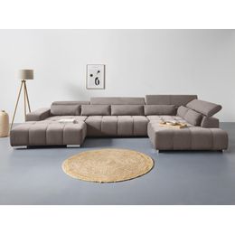 Wohnlandschaft COTTA, B:409cm H:73cm T:225cm, grau, 90% Polyester, 10% Polyamid, Sofas, "Orion U-Form", mit Kopfteilverstellung & 6 Nierenkissen