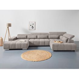 Wohnlandschaft COTTA, B:409cm H:73cm T:225cm, grau, 100% Polyester, Sofas, "Orion U-Form", mit Kopfteilverstellung & 6 Nierenkissen