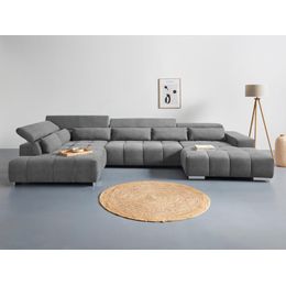 Wohnlandschaft COTTA, B:409cm H:73cm T:225cm, grau, 100% Polyester, Sofas, "Orion U-Form", mit Kopfteilverstellung & 6 Nierenkissen