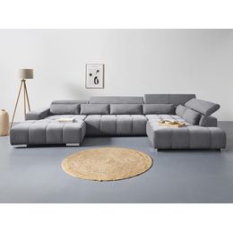 Wohnlandschaft COTTA, B:409cm H:73cm T:225cm, grau, 90% Polyester, 10% Polyamid, Sofas, "Orion U-Form", mit Kopfteilverstellung & 6 Nierenkissen