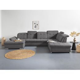 Wohnlandschaft COTTA, B:386cm H:86cm T:265cm, grau, 100% Polyester, Sofas, "Holiday U-Form mit Sitztiefen-, Armteil- und Kopfteilverstellung",
