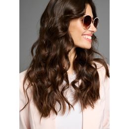 Laura Scott Damen Sonnenbrille, bunt, gemustert, gl&auml;nzend, kontrastfarbene Details, Sonnenbrillen, mit golffarbendem Vollrand und rosa Halbbesatz -