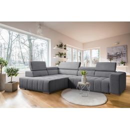 Ecksofa, B:307cm H:73cm T:201cm, grau, exxpo - SOFA FASHION, Sofas, "Elianos, hoher Sitzkomfort, aufwendige Kreuzsteppung im Sitz, L-Form", Kopfteile