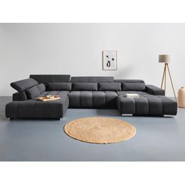 Wohnlandschaft COTTA, B:409cm H:73cm T:225cm, schwarz, 100% Polyester, Sofas, "Orion U-Form", mit Kopfteilverstellung & 6 Nierenkissen
