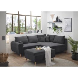 Ecksofa, B:249cm H:94cm T:175cm, grau, ED EXCITING DESIGN, 92% Polyester, 8% Polyamid, Wohnzimmer, Sofas, "Calanda L-Form", mit Hocker & 3 Zierkissen