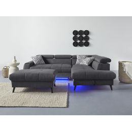 Ecksofa COTTA, B:244cm H:74cm T:193cm, grau, 100% Polyester, Wohnzimmer, Sofas, "Mia L-Form mit 3 Zierkissen", wahlweise mit Bettfunktion,