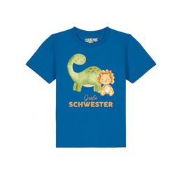 watabout.kids T-Shirt 'Dinosaurier 06 Gro&szlig;e Schwester' Jungen Gr&ouml;&szlig;e 134/146 royalblau / hellgr&uuml;n / hellorange