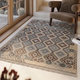 Wollteppich GREEN LOOOP "Migny", blau (hellblau), B:140cm H:5mm L:200cm, Wolle, Teppiche, Fransen, Kelim, handgewebt, Natur, Wohnzimmer, Schlafzimmer, Raute