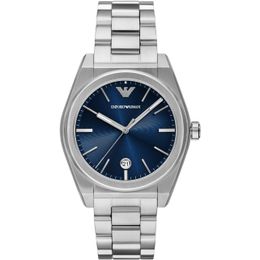 Quarzuhr Emporio Armani, silber (silberfarben, dunkelblau), Armbanduhren, Herren, Armbanduhr, Herrenuhr, Edelstahlarmband, analog, Tag