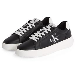 Plateausneaker Calvin Klein Jeans "CHUNKY CUPSOLE MONO LTH WN", Damen, Gr. 38, schwarz (schwarz wei&szlig;), Leder, Lederimitat, Schuhe Plateausneaker, Freizeitschuh, Halbschuh, Schn&uuml;rschuh mit CK-Schriftzug an der Seite