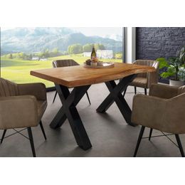 Baumtisch Akazie 160x90x77 Akazie natur lackiert / X-Beine anthrazit glänzend FREEFORM 5
