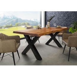 Baumtisch Akazie 220x100x77 Akazie natur lackiert / X-Beine anthrazit glänzend FREEFORM 5