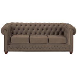 Chesterfield-Sofa Home Affaire "New Castle", grau (taupe), B:203cm H:72cm T:86cm, Sofas, mit hochwertiger Knopfheftung in Chesterfield-Design, B/T/H: 203/86/72