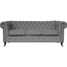 Chesterfield-Sofa Home Affaire "Aarburg", grau, B:203cm H:77cm T:87cm, 100% Polyester, Sofas, aufwändige Knopfheftung und Ziernägel im Chesterfield-Design