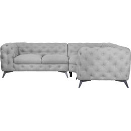 Chesterfield-Sofa LEONIQUE "Ecksofa GLYNIS L-Form mit Wellenunterfederung, Maße B/T/H 264/204/75cm", grau, B:264cm H:75cm T:204cm, Struktur (100% Polyester);Samtoptik (100% Polyester), Sofas, aufwändige Knopfheftung, moderne Chesterfield Optik, Fußfarbe wählbar