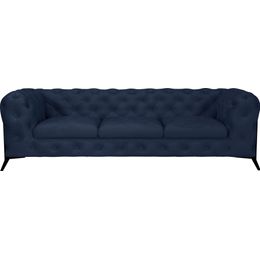 Chesterfield-Sofa LEONIQUE "Amaury", blau, B:243cm H:75cm T:99cm, Struktur (100% Polyester9;Samtoptik (100% Polyester), Sofas, aufwändige Knopfheftung, moderne Chesterfield Optik, Fußfarbe wählbar