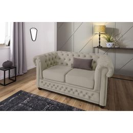 Chesterfield-Sofa Home Affaire "New Castle", beige, B:148cm H:72cm T:86cm, Samtoptik (100% Polyester);Struktur weich (100% Polyester), Sofas, mit hochwertiger Knopfheftung in Chesterfield-Design, B/T/H: 148/86/72
