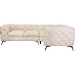 Chesterfield-Sofa LEONIQUE "Ecksofa GLYNIS L-Form mit Wellenunterfederung, Maße B/T/H 264/204/75cm", beige (creme), B:264cm H:75cm T:204cm, Struktur (100% Polyester);Samtoptik (100% Polyester), Sofas, aufwändige Knopfheftung, moderne Chesterfield Optik, Fußfarbe wählbar