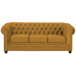 Chesterfield-Sofa Home Affaire "New Castle", gelb (mustard), B:203cm H:72cm T:86cm, Sofas, mit hochwertiger Knopfheftung in Chesterfield-Design, B/T/H: 203/86/72
