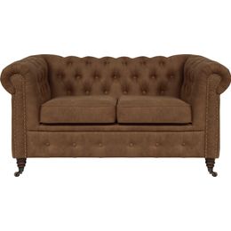 Chesterfield-Sofa Home Affaire "Aarburg", braun (cognac), B:148cm H:77cm T:87cm, 100% Polyester, Sofas, aufwändige Knopfheftung und Ziernägel im Chesterfield-Design