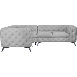 Chesterfield-Sofa LEONIQUE "Ecksofa GLYNIS L-Form mit Wellenunterfederung, Maße B/T/H 264/204/75cm", grau, B:264cm H:75cm T:204cm, Struktur (100% Polyester);Samtoptik (100% Polyester), Sofas, aufwändige Knopfheftung, moderne Chesterfield Optik, Fußfarbe wählbar