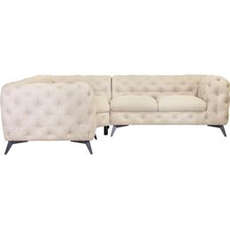Chesterfield-Sofa LEONIQUE "Ecksofa GLYNIS L-Form mit Wellenunterfederung, Maße B/T/H 264/204/75cm", beige (creme), B:264cm H:75cm T:204cm, Struktur (100% Polyester);Samtoptik (100% Polyester), Sofas, aufwändige Knopfheftung, moderne Chesterfield Optik, Fußfarbe wählbar