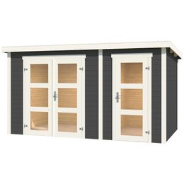 Gartenhaus Lasita Maja "Zambesi XL", grau (carbongrau), ohne Fußboden, ohne Dacheindeckung, Holzwerkstoff, Gartenhäuser, Blochbohlenhaus 28mm 2-Raum, Fundamentmass 3800x2400, Carbongrau