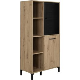 Hochschrank GAMI, B:78cm H:155cm T:41cm, braun, Spanplatte, Wohnzimmer, Schränke, "CRAFT", Hochchrank mit 2 Türen und 4 offenen Fächern