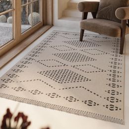 Wollteppich GREEN LOOOP, B:300cm H:5mm L:400cm, beige, Wolle, Teppiche, "Belmont", Fransen, Kelim, handgewebt, Natur, Wohnzimmer, Schlafzimmer, Raute