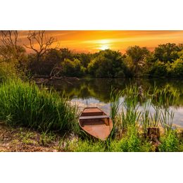 papermoon Fototapete "STRAND-SEE BOOT WALD SONNENUNTERGANG B&Auml;UME FLUSS IDYLLE", B/L: 2mm x 1,49mm, Bahnen: 4 Stk. St., bunt, Schlafzimmer, Tapeten