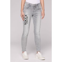 SOCCX Damen Slim-fit-Jeans, grau, Gr. 26, bedruckt, Material: 98% Baumwolle, 2% Elasthan, Zusatz: Enthält nichttextile Teile tierischen Ursprungs