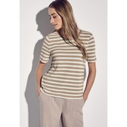 Street One Damen T-Shirt, beige, Gr. 36, gestreift, Jersey, Obermaterial: 65% Baumwolle, 35% Polyester, Shirts, mit Streifen Muster