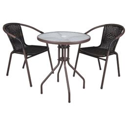 Vcm 3-tlg. Bistroset Balkonset Gartentisch: Durchmesser 60 cm, H&ouml;he: 72 cm Stuhl braune Sitzgarnitur Bistrostuhl Poly-Rattan