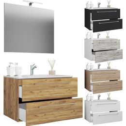 Vcm 3-tlg. Waschplatz Waschtisch Waschbecken Unterschrank Breite 60 cm Badm&ouml;bel Set h&auml;ngend mit zwei Schubladen Spiegel Badinos