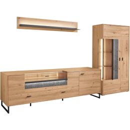 TV-Wand "Deltona", braun (eiche artisan), B:317,4cm H:198cm T:50,2cm, Spanplatte, SET ONE BY Musterring, Kastenmöbel-Sets, Zierelemente aus Sandstein, inkl. Beleuchtung, Gesamtbreite ca. 317 cm