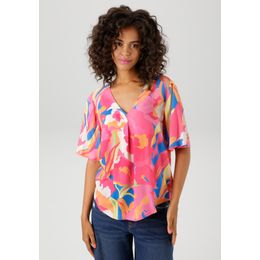 Schlupfbluse Aniston CASUAL, Damen, Gr. 40, pink (pink, hellpink, fuchsia, wollwei&szlig;, orange, royalblau, gelb, apfelgr&uuml;n), Web, Obermaterial: 100% Viskose, bedruckt, gemustert, l&auml;ssig geschnitten h&uuml;ftlang, V-Ausschnitt, weit, Blusen Schlupfbluse, mit fantasievollen, grafischen Druck