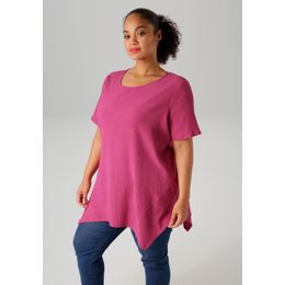 Blusenshirt ANISTON PLUS, Damen, Gr. 52, pink, Jersey, Obermaterial: 98% Polyester, 2% Elasthan, Strukturmuster, unifarben, l&auml;ssig geschnitten Po-bedeckend, Rundhals, Shirts Blusenshirt, mit dezenter Streifenlook Struktur