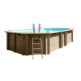 GRE Massivholzpool-Set 'Vermela' 672 x 472 x 146 cm mit Edelstahlleiter, Holzleiter und Sandfilteranlage