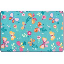 Kinderteppich, B:100cm H:6,5mm L:150cm, blau, PRIMAFLOR-IDEEN IN TEXTIL, Polyamid, Teppiche, "PAPILLON, Made in Belgium", Motiv Schmetterlinge,