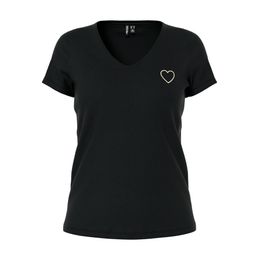 Pieces Damen V-Shirt "PCNEW BILLY TEE EMB NOOS BC", schwarz, Gr. S, bedruckt, Jersey, Obermaterial: 95% Baumwolle, 5% Elasthan, Shirts