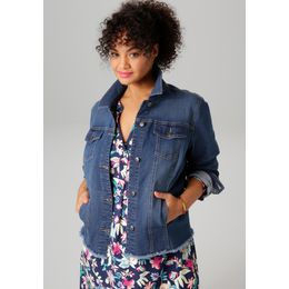 ANISTON PLUS Damen Jeansjacke, blau, Gr. 52, Abriebeffekte, unifarben, Denim/Jeans, Obermaterial: 98% Baumwolle, 2% Elasthan, Jacken, mit