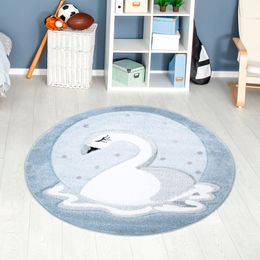 Kinderteppich Carpet City, H:13mm Ø:120cm, blau, Kunstfaser, Teppiche, "Bueno Kids 1315", Spielteppich, Schwan, 3D-Effekt, Weicher Flor, Pflegeleicht