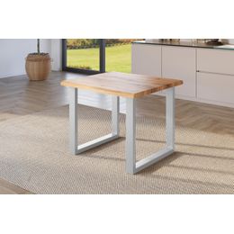 Esstisch 80x80 cm Baumkante Holz Wildeiche-Optik U-Gestell Metall silber JULIUS